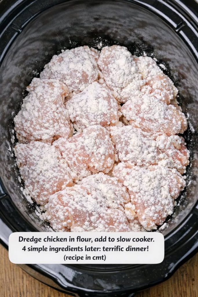 Dredge chicken in flour, add to slow cooker. 4 simple ingredients later ...